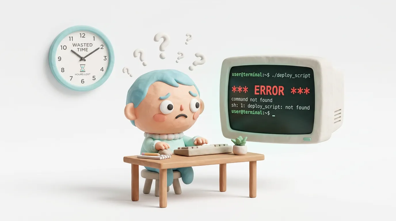 Developer staring at a terminal error — command not found — the frustration that 68% of users hit during install