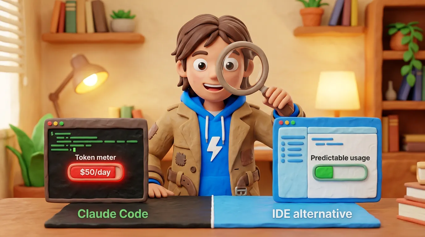 The core Claude Code alternative question: trade terminal-only workflow and token-burn risk for visual IDE UX and predictable pricing