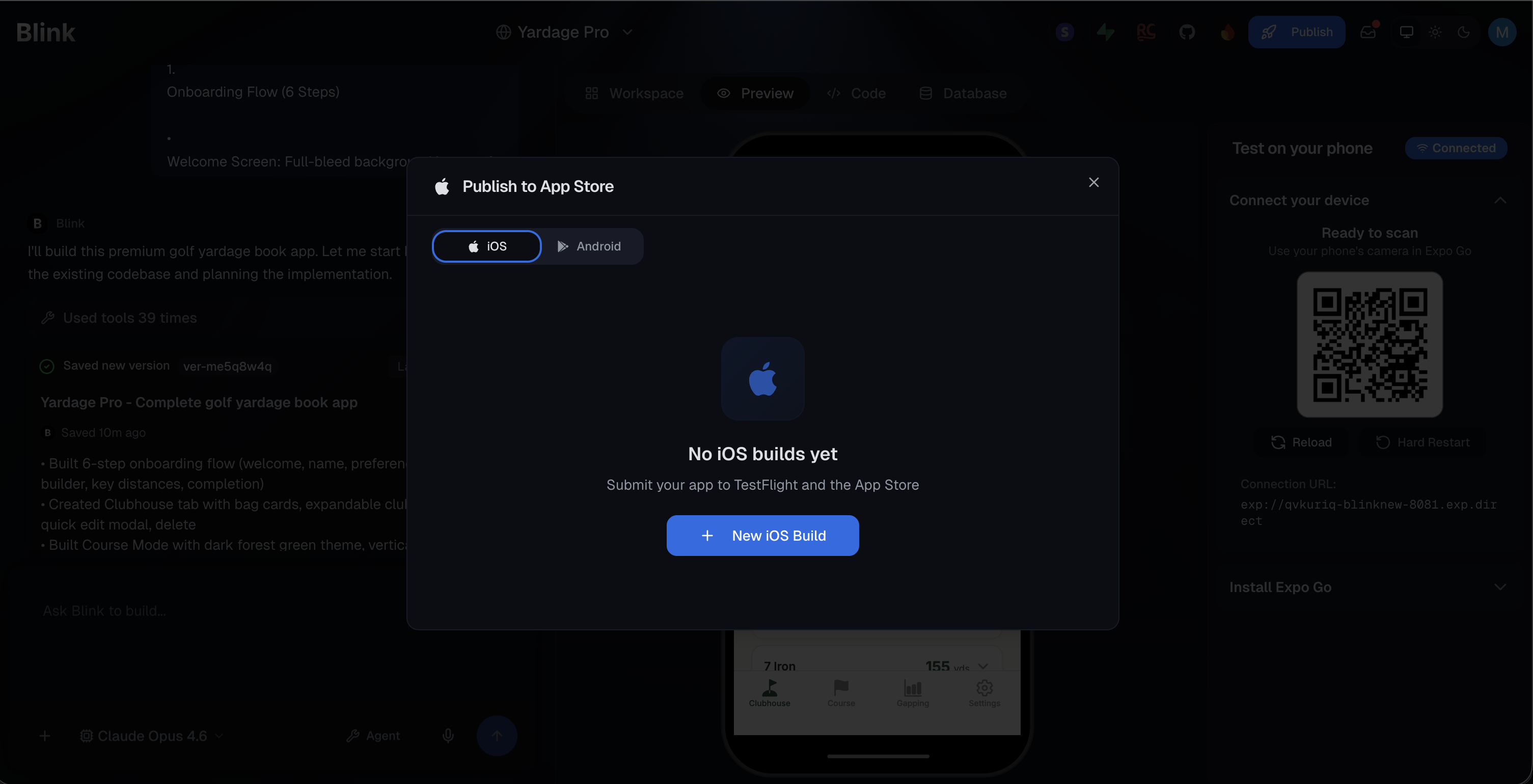 Publish to App Store dialog in Blink showing iOS and Android tabs