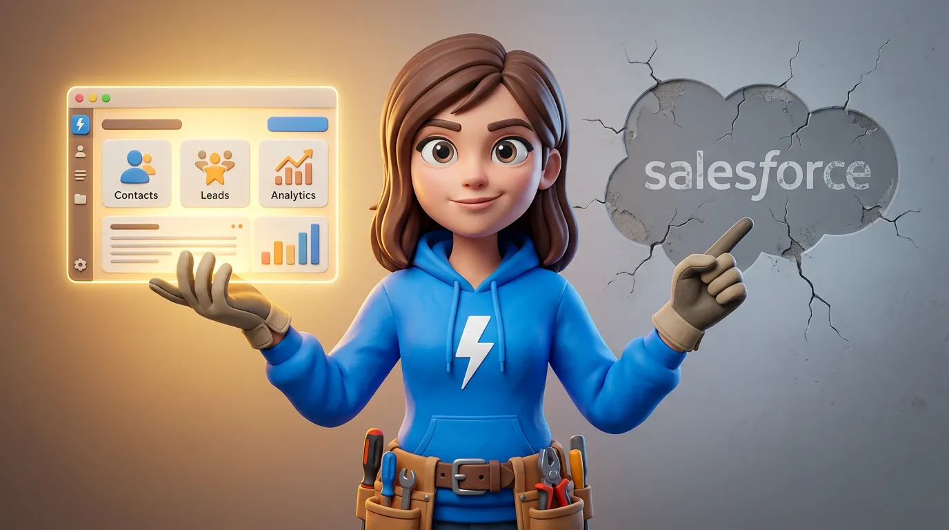 Desenvolvedor segurando um aplicativo CRM personalizado brilhante, apontando para um logotipo desbotado e desmoronando do Salesforce ao fundo