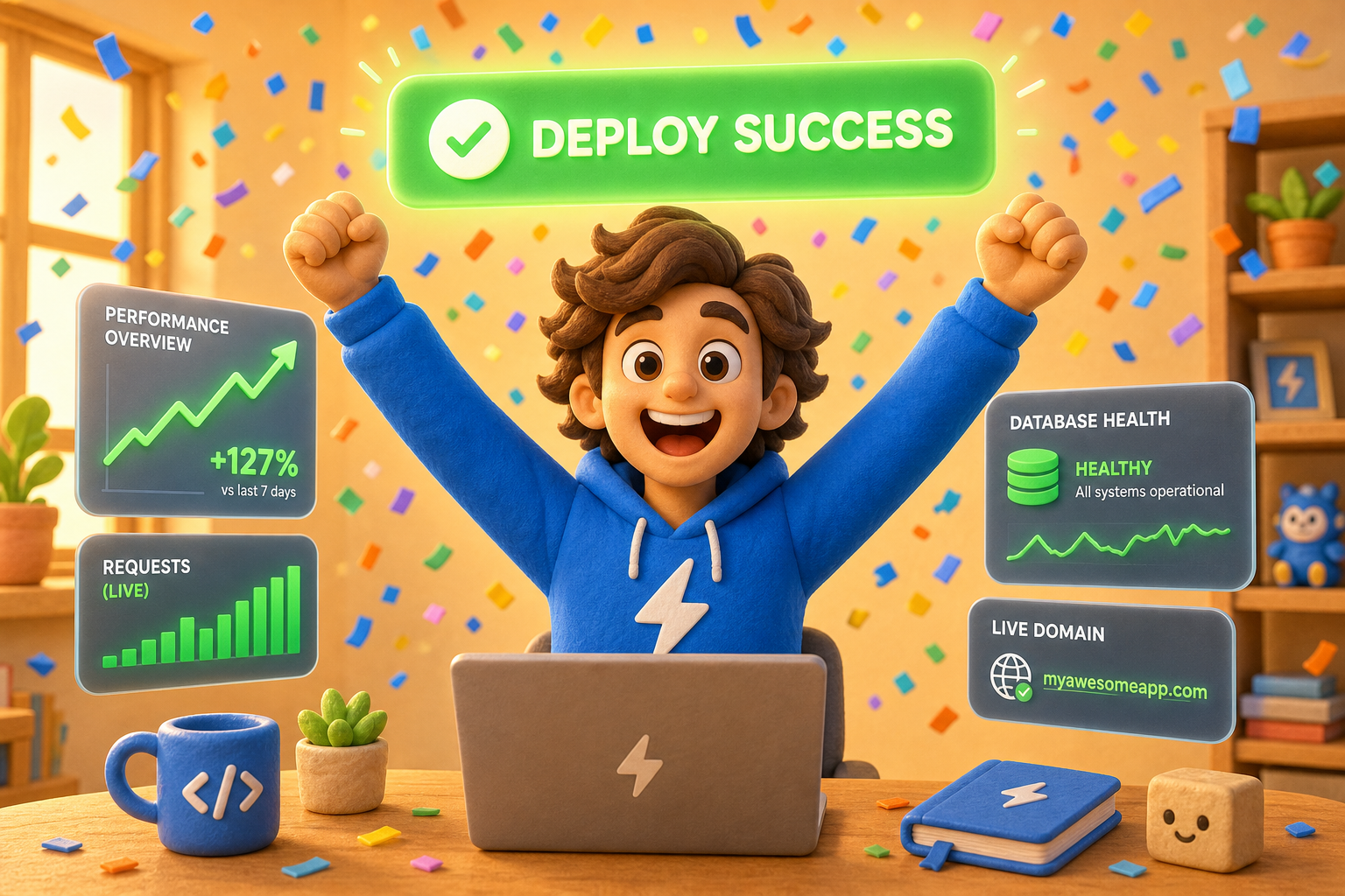 Sucesso de deploy com Blink Cloud — banco de dados provisionado, autenticação ativa, domínio personalizado conectado, tudo a partir de dois comandos de terminal