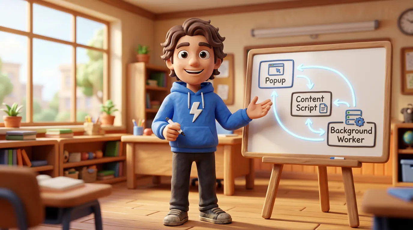 The three parts of a Chrome extension — popup UI, content scripts, and background service worker — and how they connect