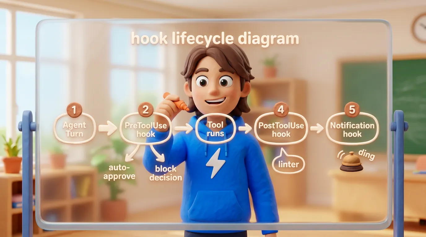 Le cycle de vie des hooks Claude Code : PreToolUse s'exécute avant un outil, PostToolUse s'exécute après, et Notification se déclenche lorsque Claude attend une entrée