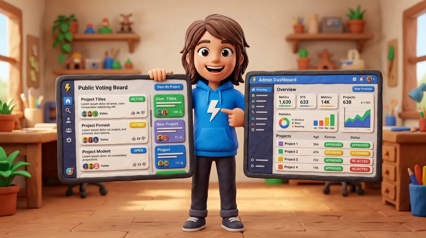 Feedback tool split view: public voting board and admin management dashboard