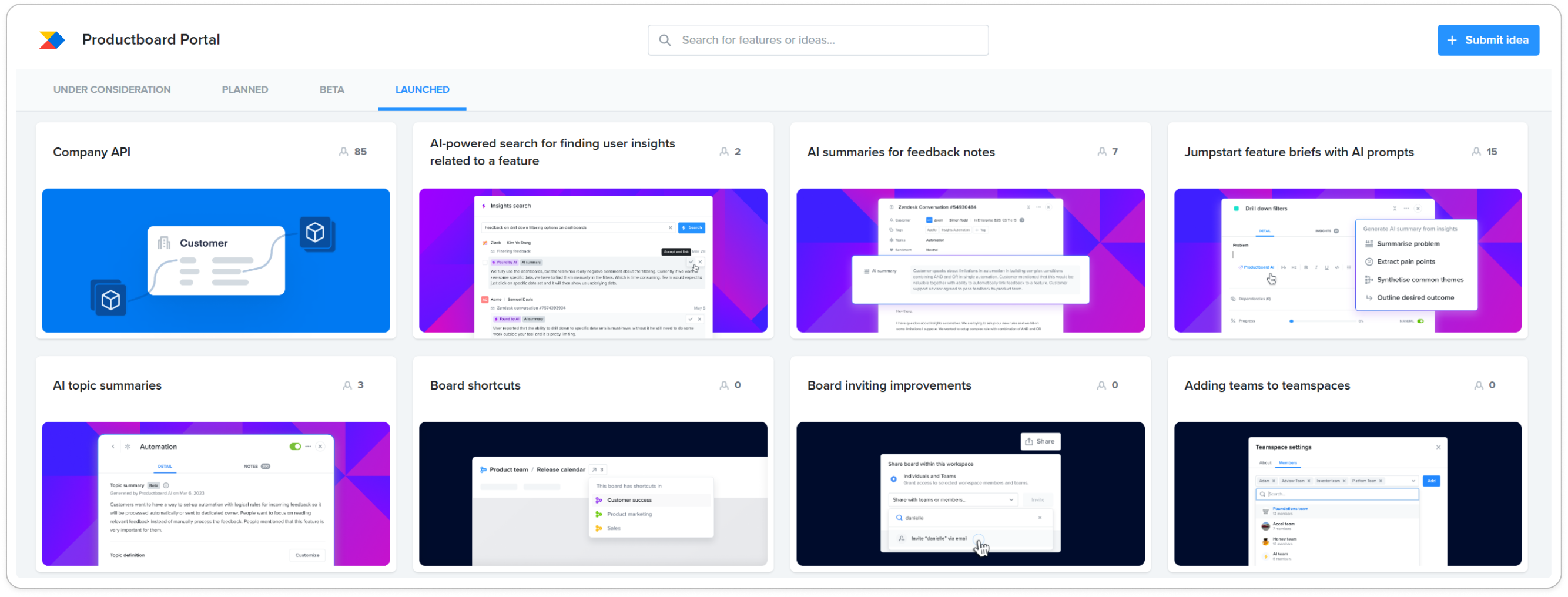 Example product feedback board showing upvoted requests with In Progress and Shipped status badges