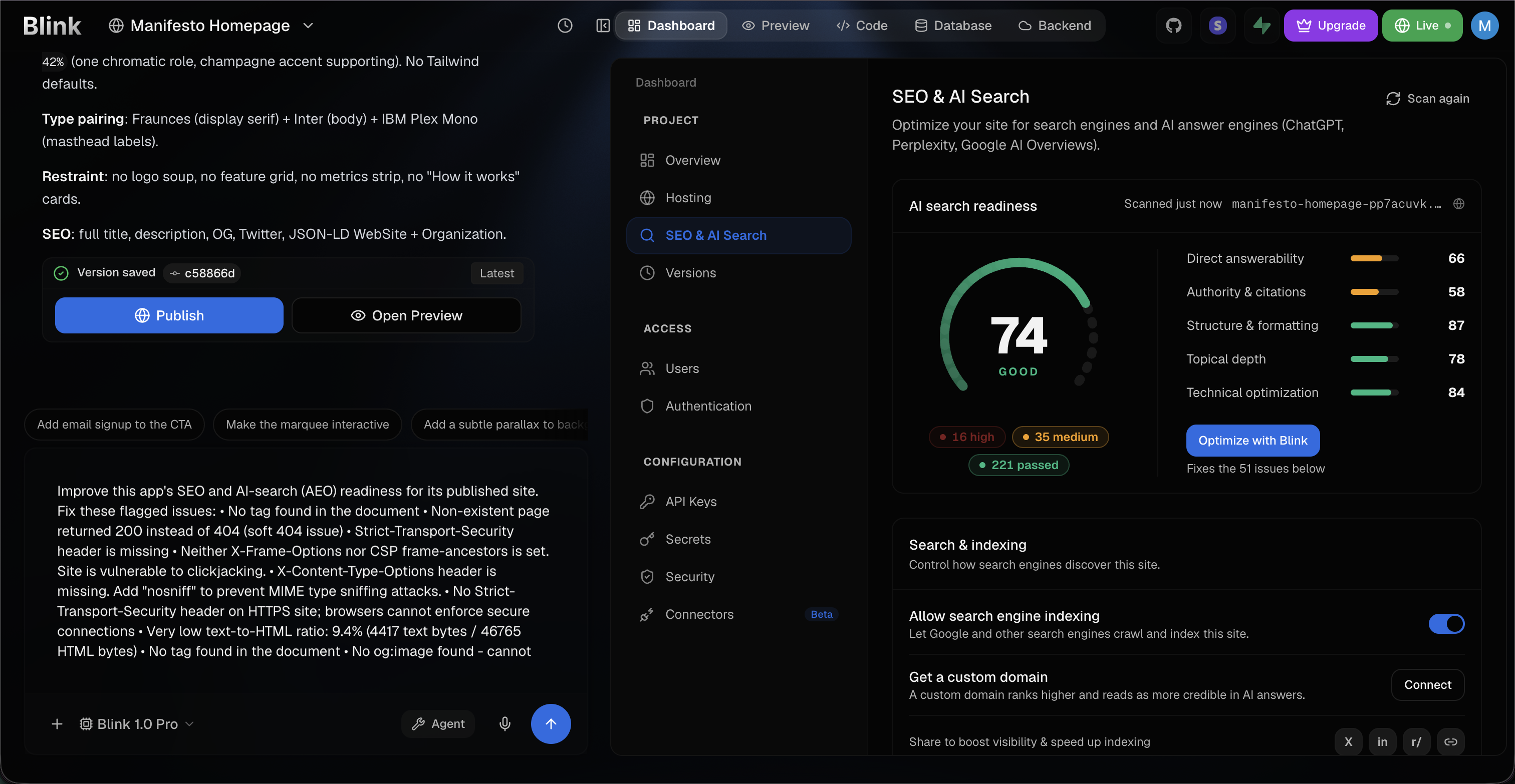 Optimizar con Blink prellenando un prompt de lista de correcciones en el chat