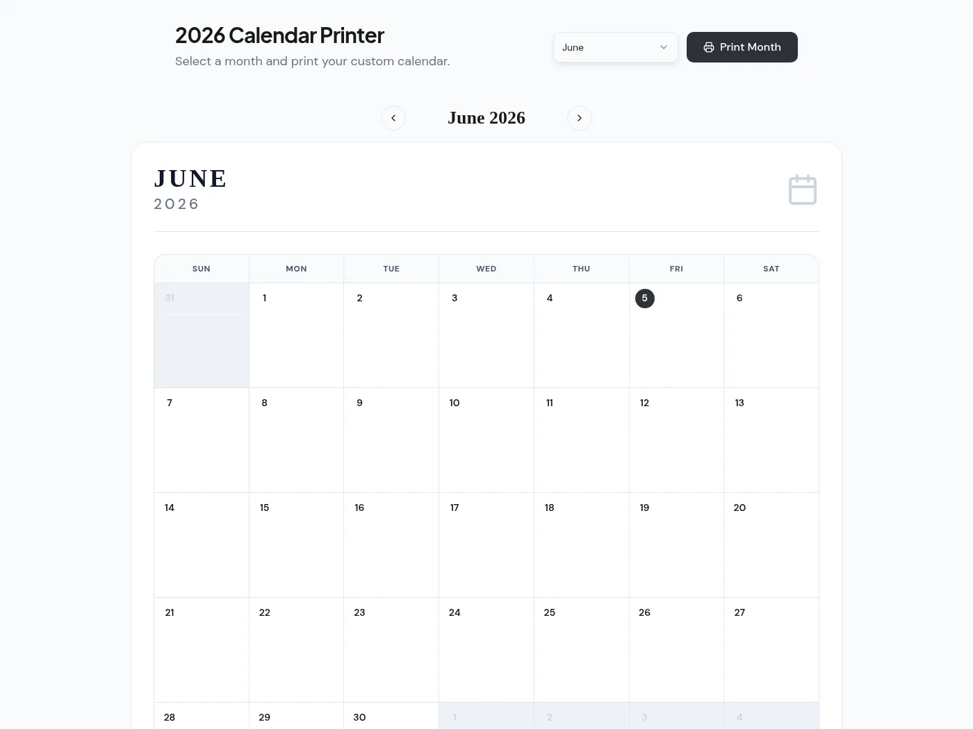 2026 Calendar Printer