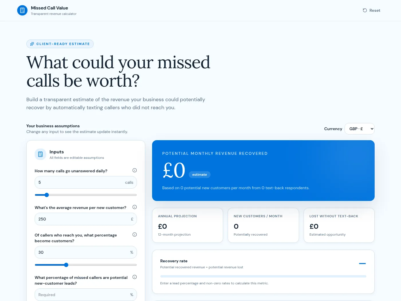 Missed Call Value Calculator