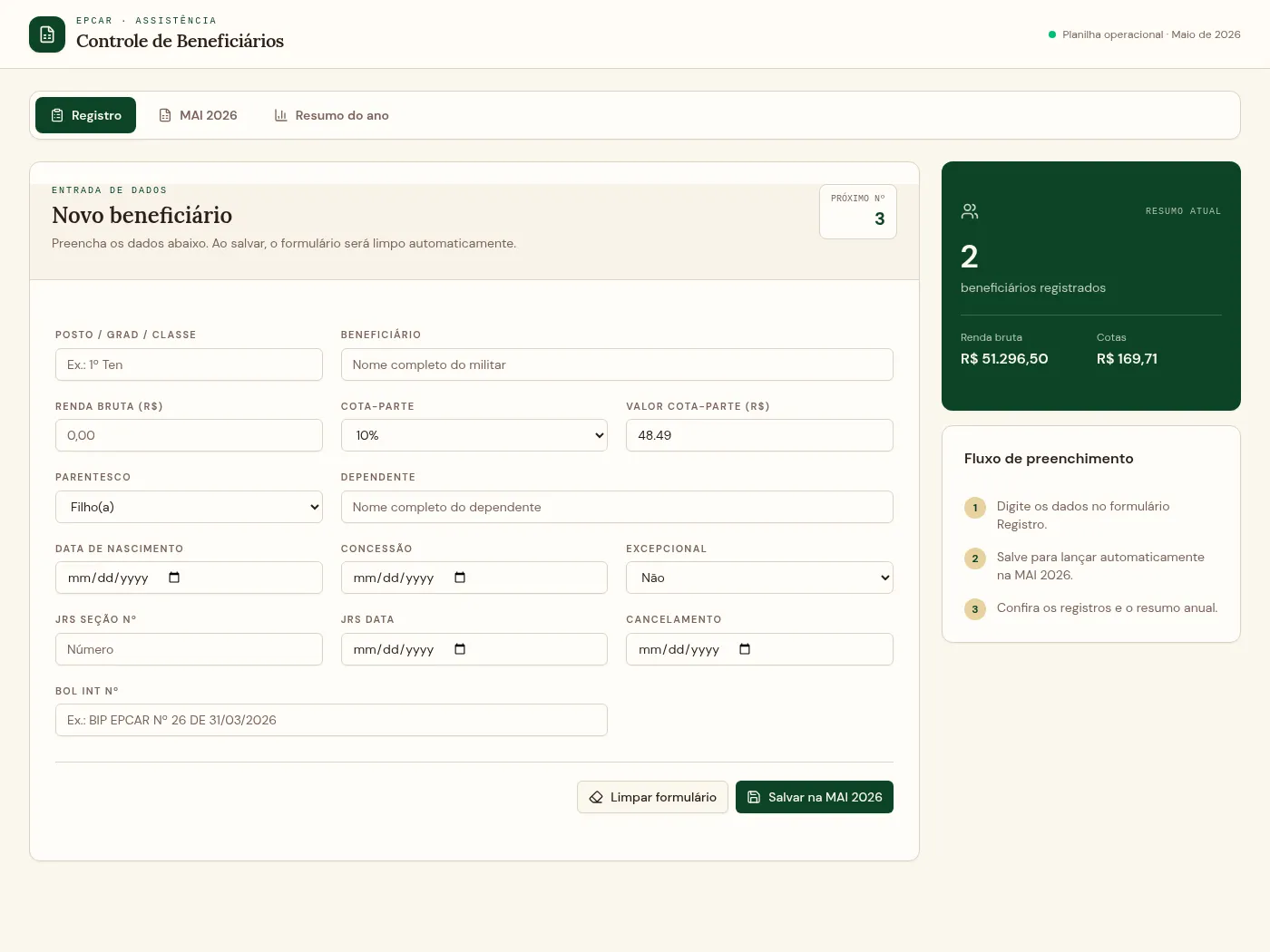 Beneficiary Control Sheet