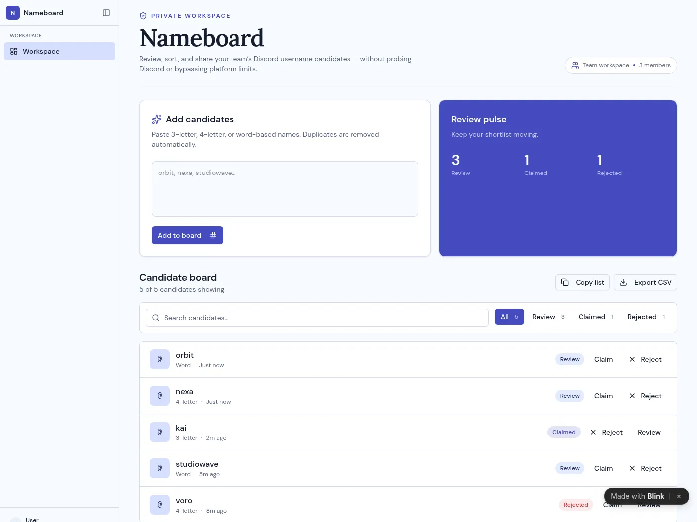 Nameboard Workspace