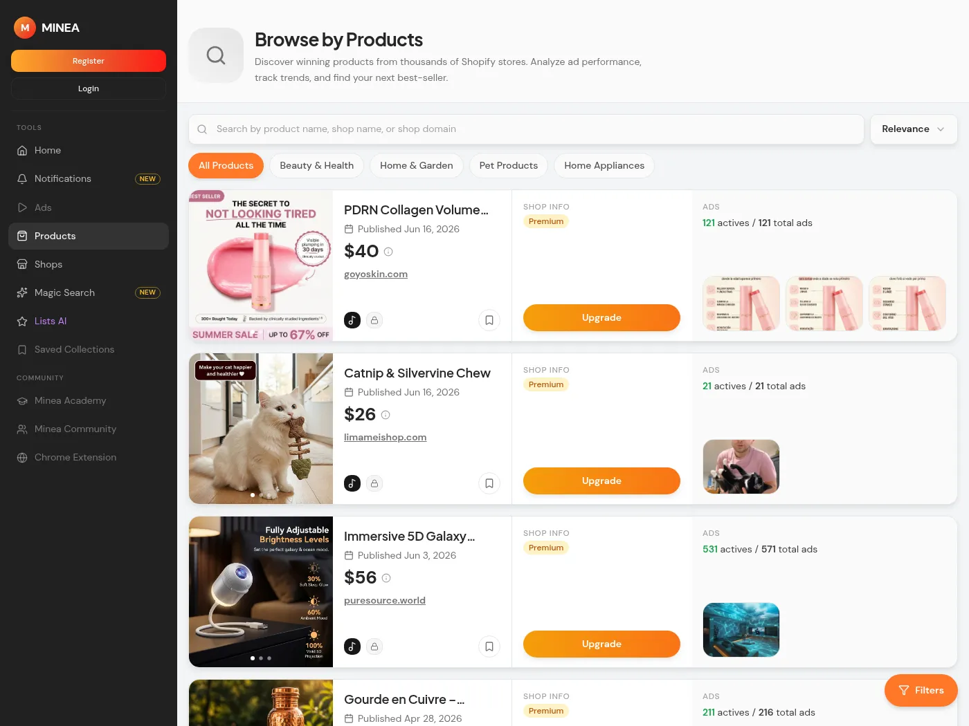 Minea Clone Dashboard