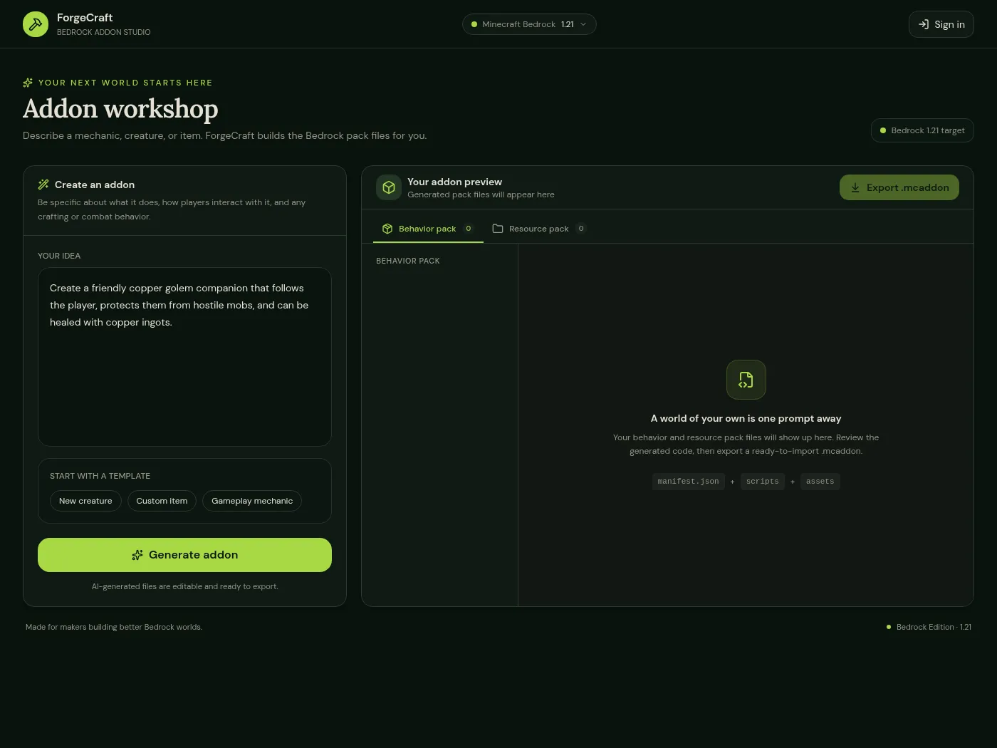 AI Minecraft Addon Maker