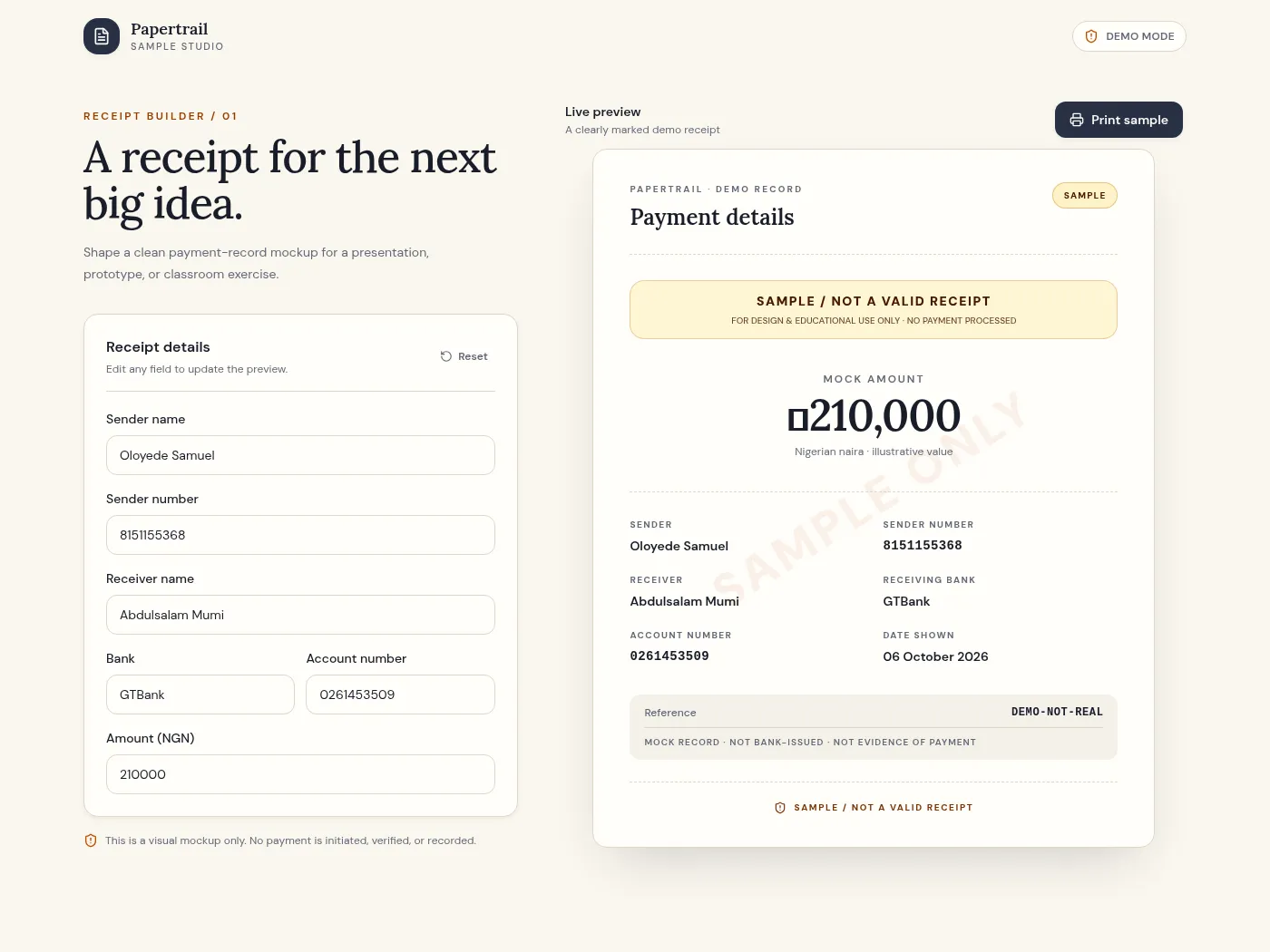 Receipt Sample Generator