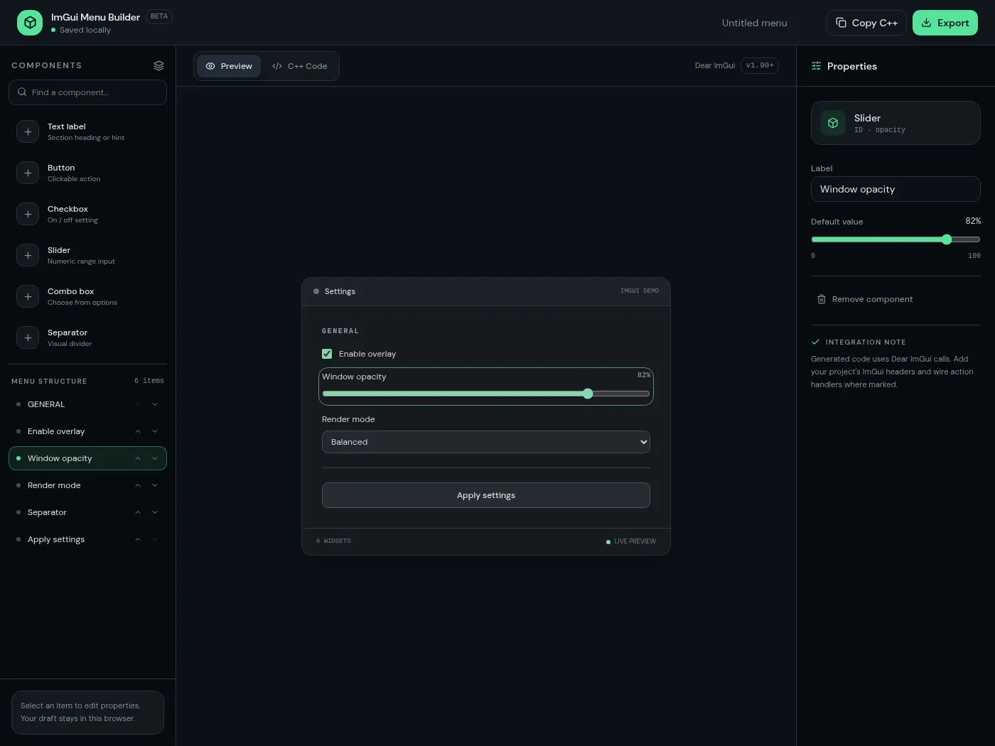 ImGui Menu Builder