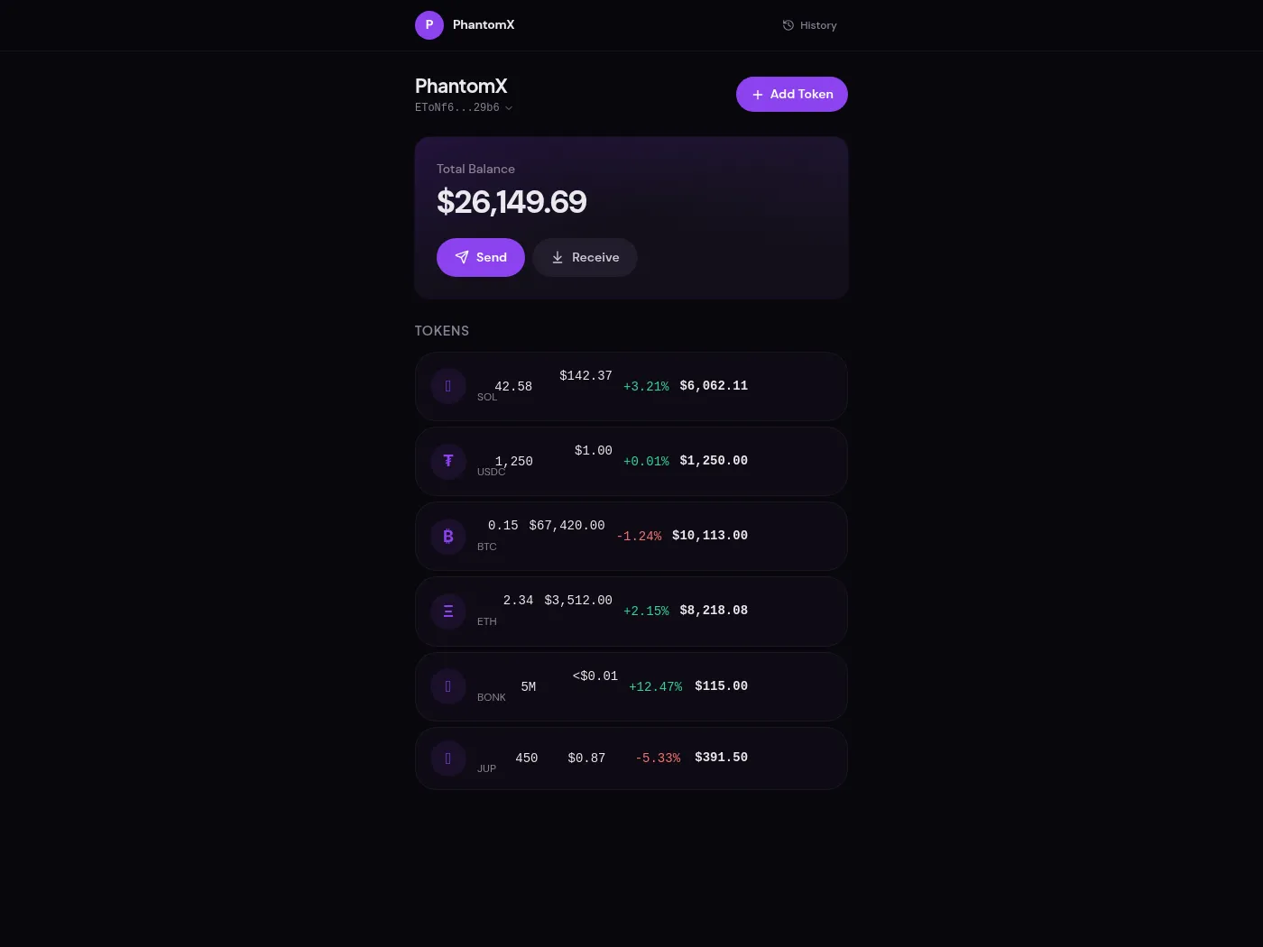 PhantomX Wallet Simulator