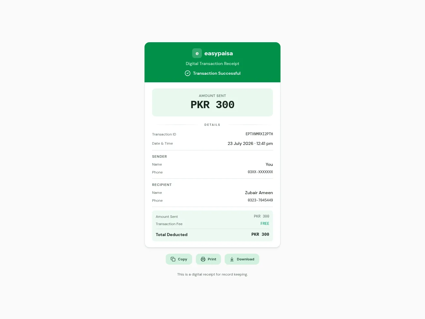 Easy Paisa Receipt Maker