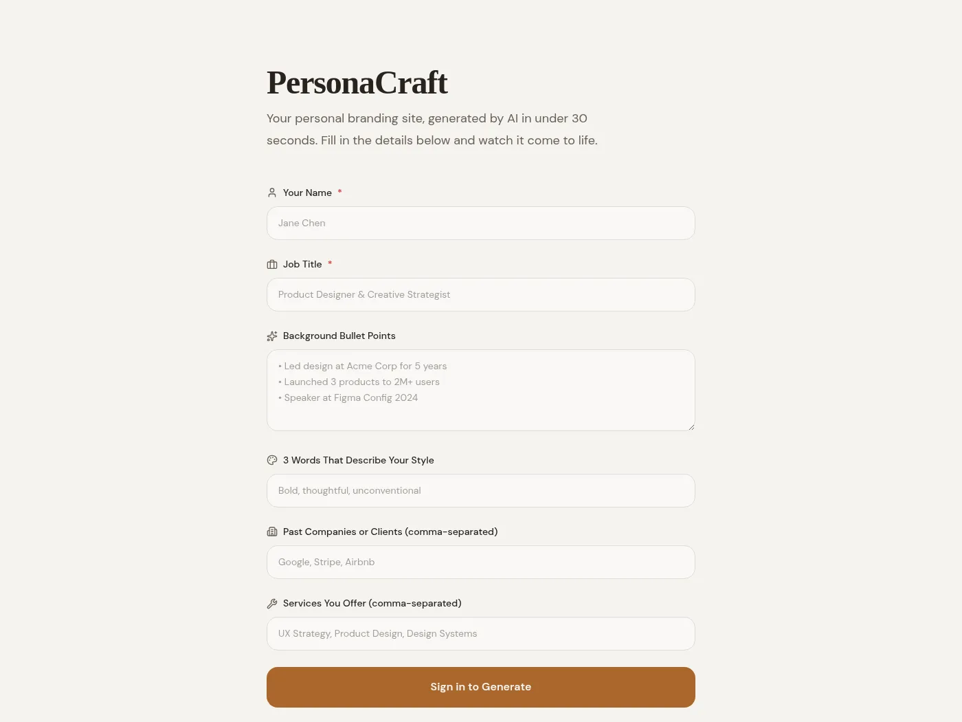 PersonaCraft AI Site Generator