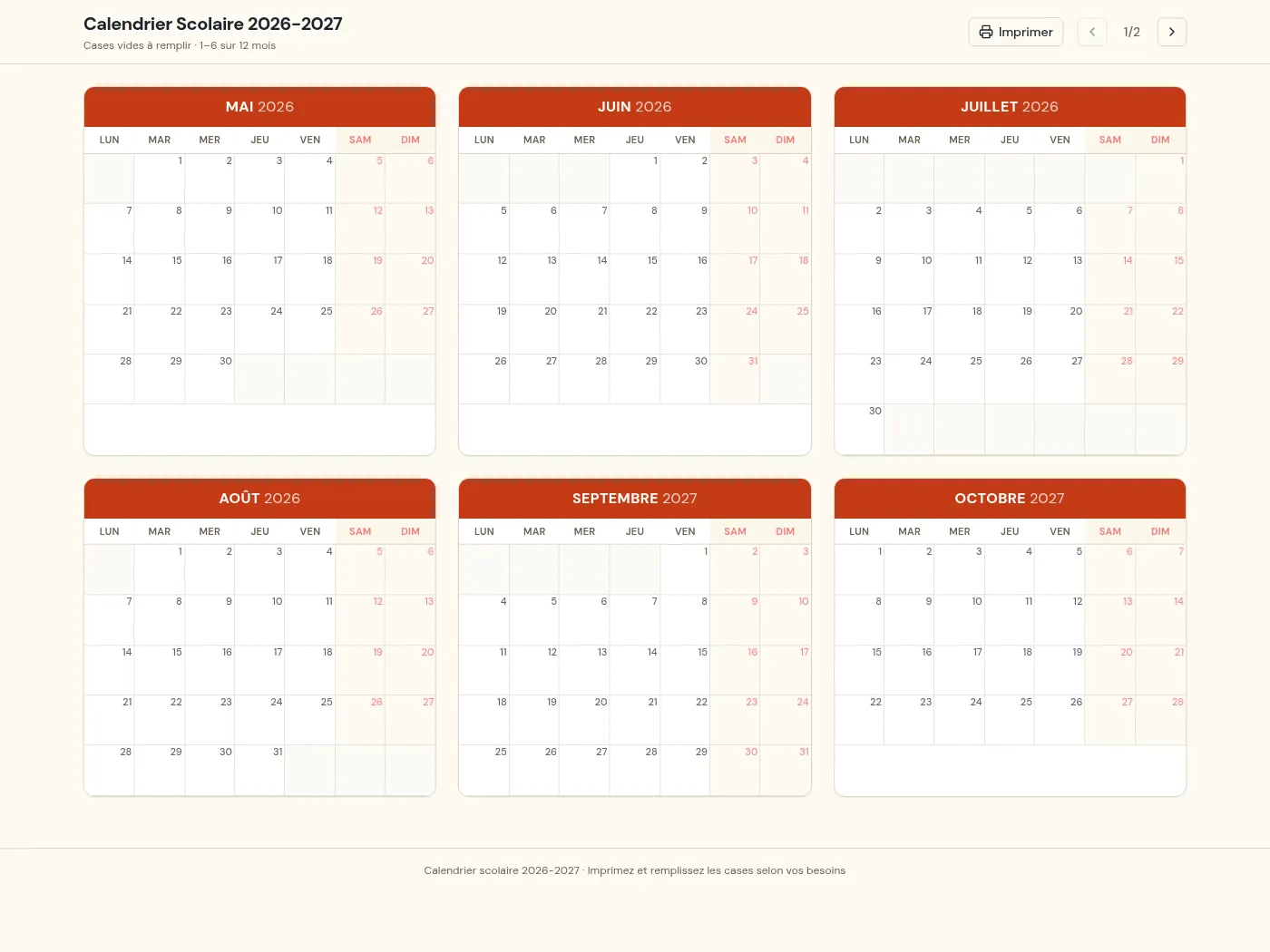 Calendrier Scolaire 2026-2027
