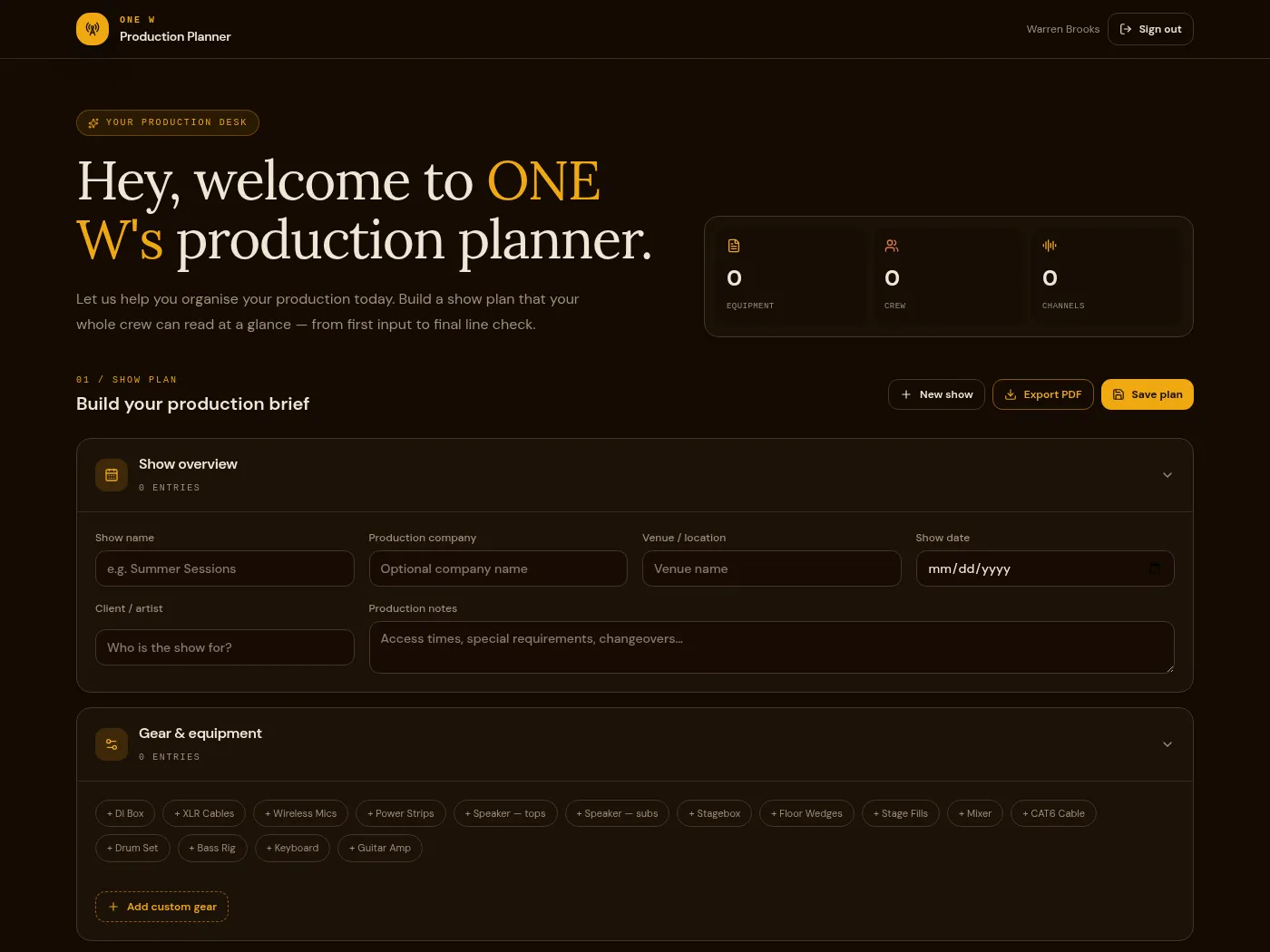 One W Production Organiser