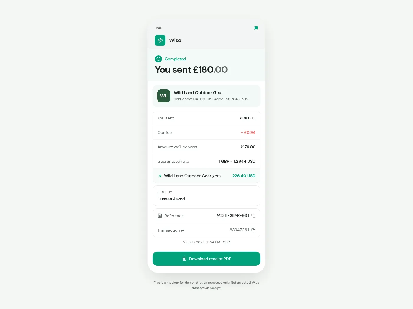 Wise Payment Receipt UI