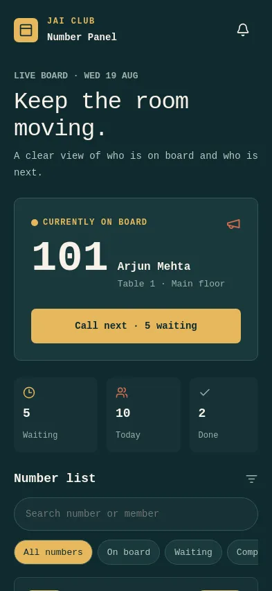 Jai Club Number Panel