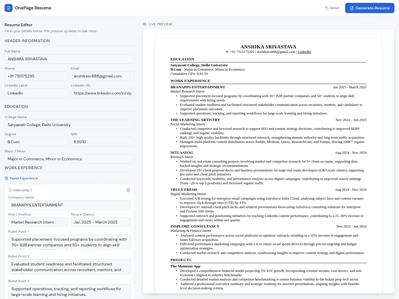 OnePage Resume Generator
