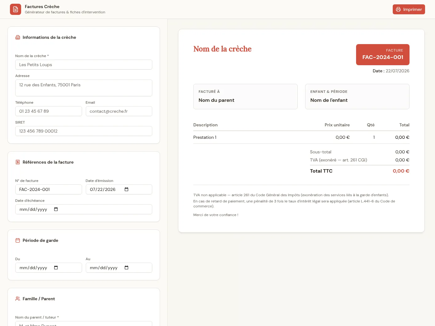 Crèche Invoice Generator