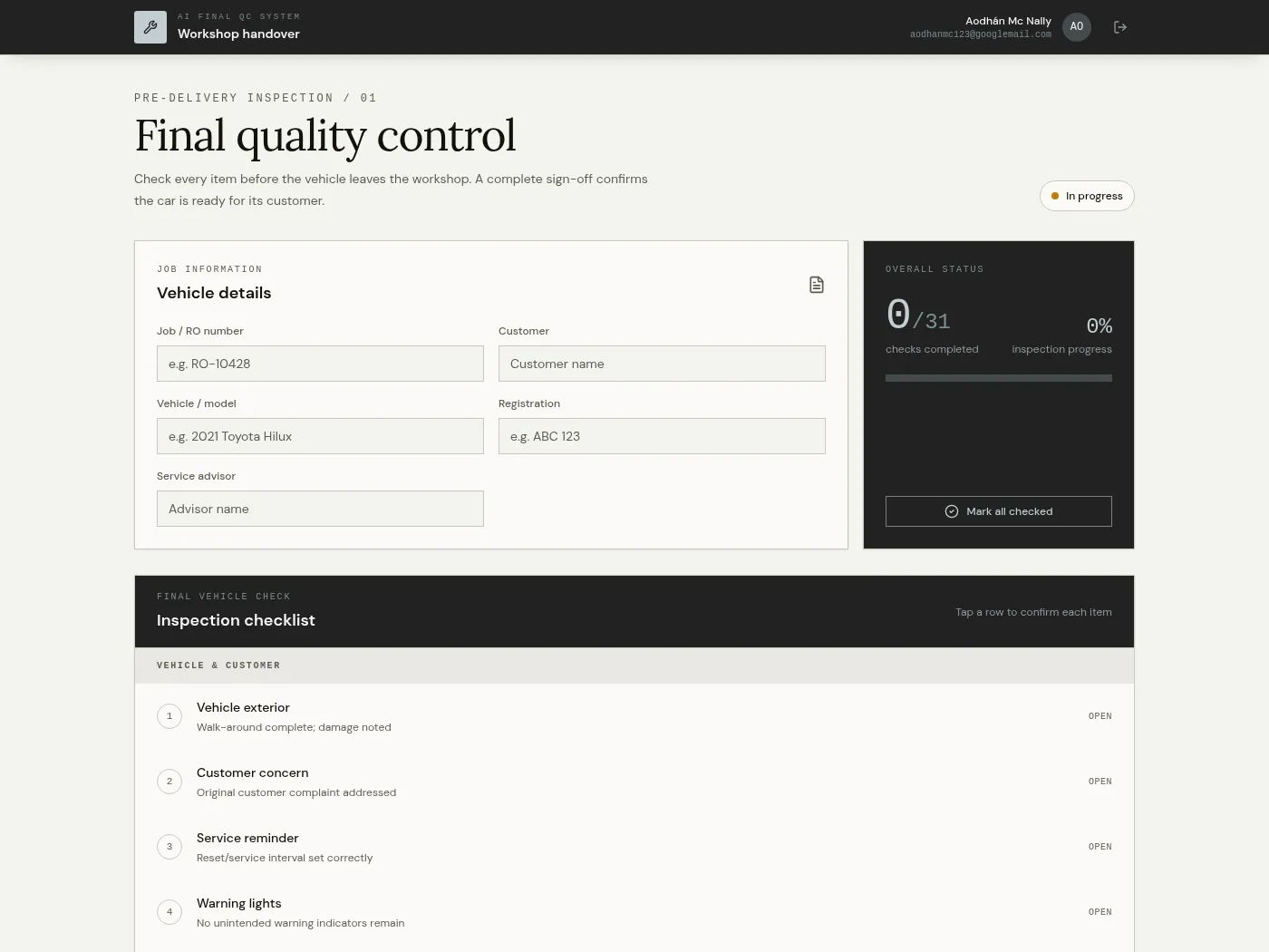 Workshop QC Checklist