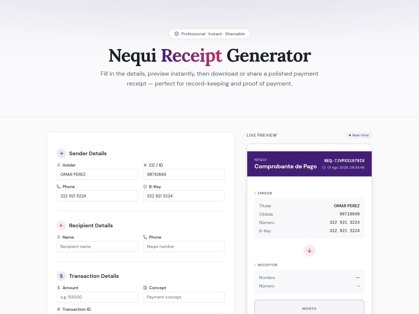 Nequi Receipt Generator