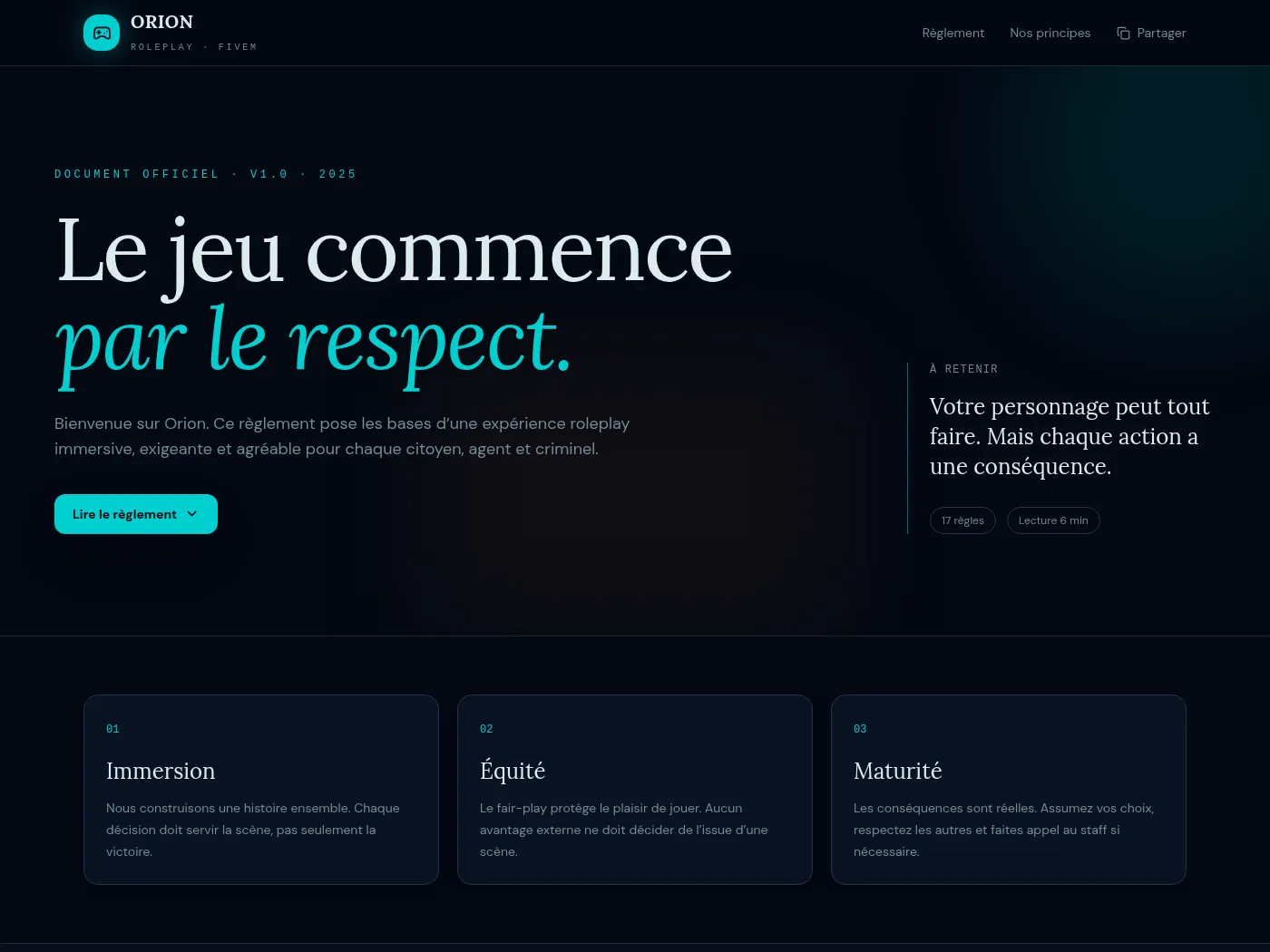 Orion RP Règlement