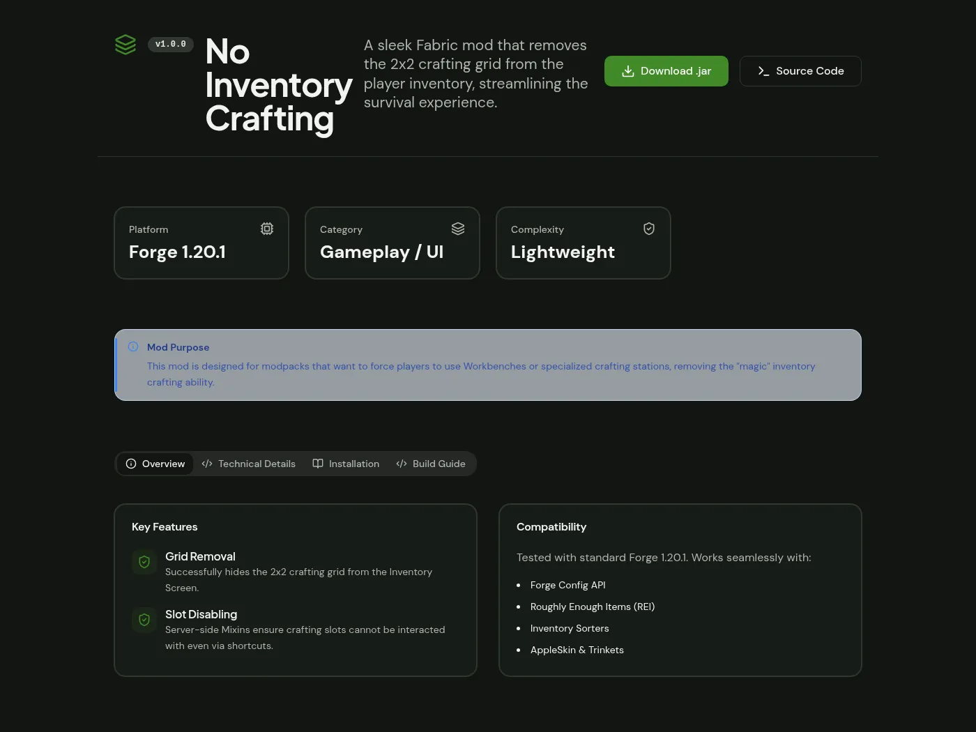 No Inventory Crafting Mod