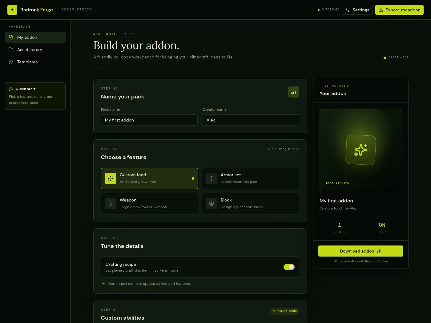 NoCode Bedrock Addon Maker