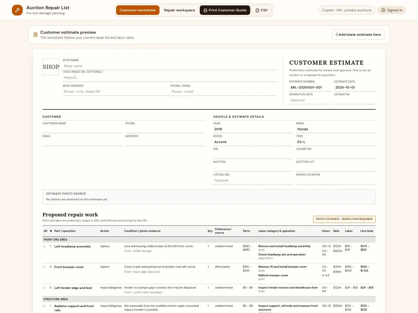 Auction Repair List