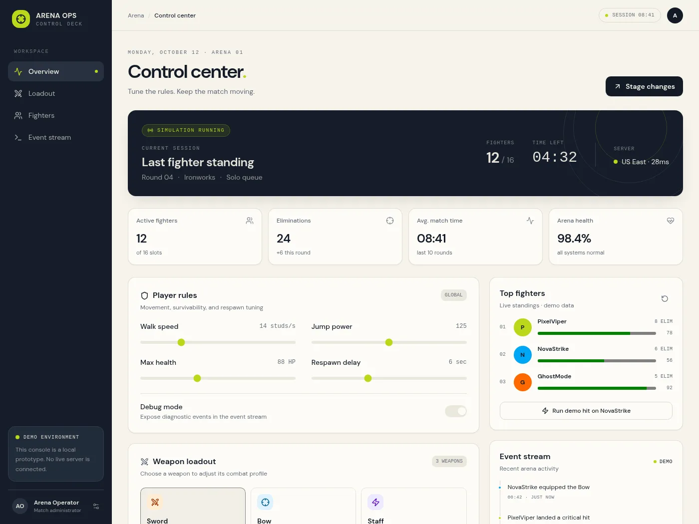 Arena Fighter Dashboard