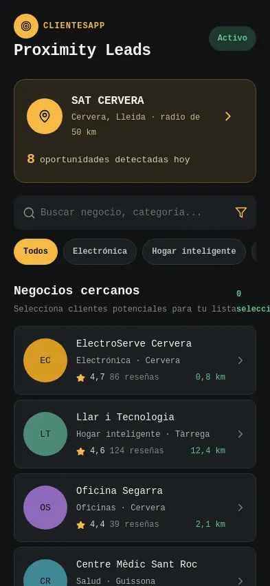 ClientesApp Proximity Leads