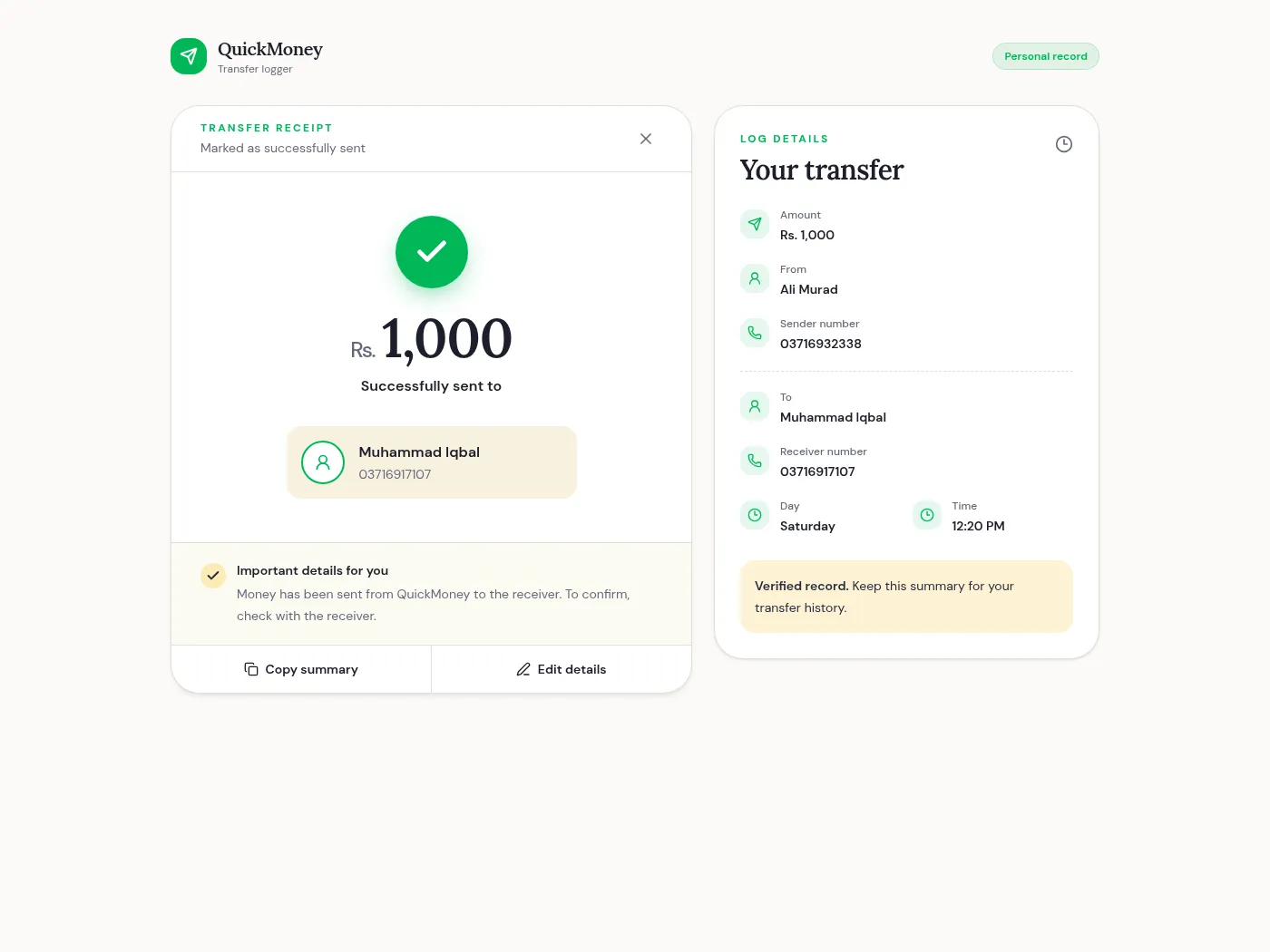 QuickMoney Transfer Logger