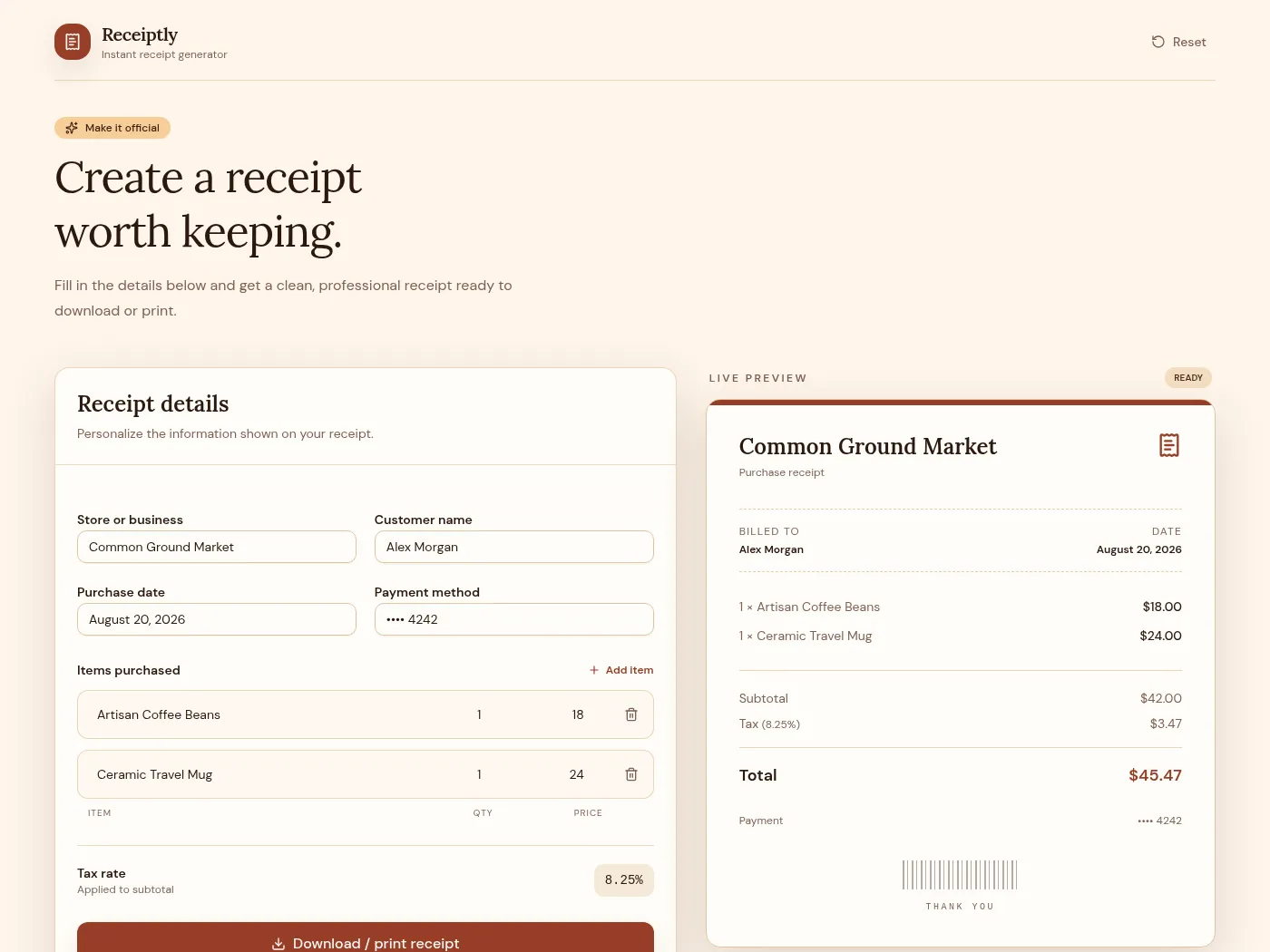 Instant Receipt Generator