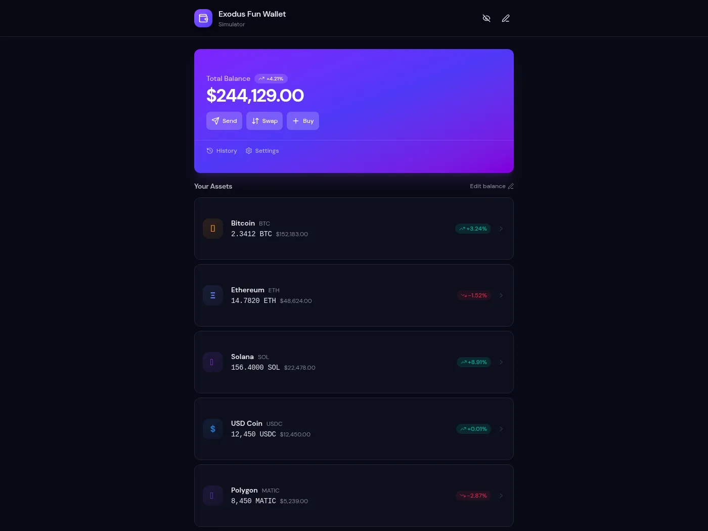 Exodus Fun Wallet Sim
