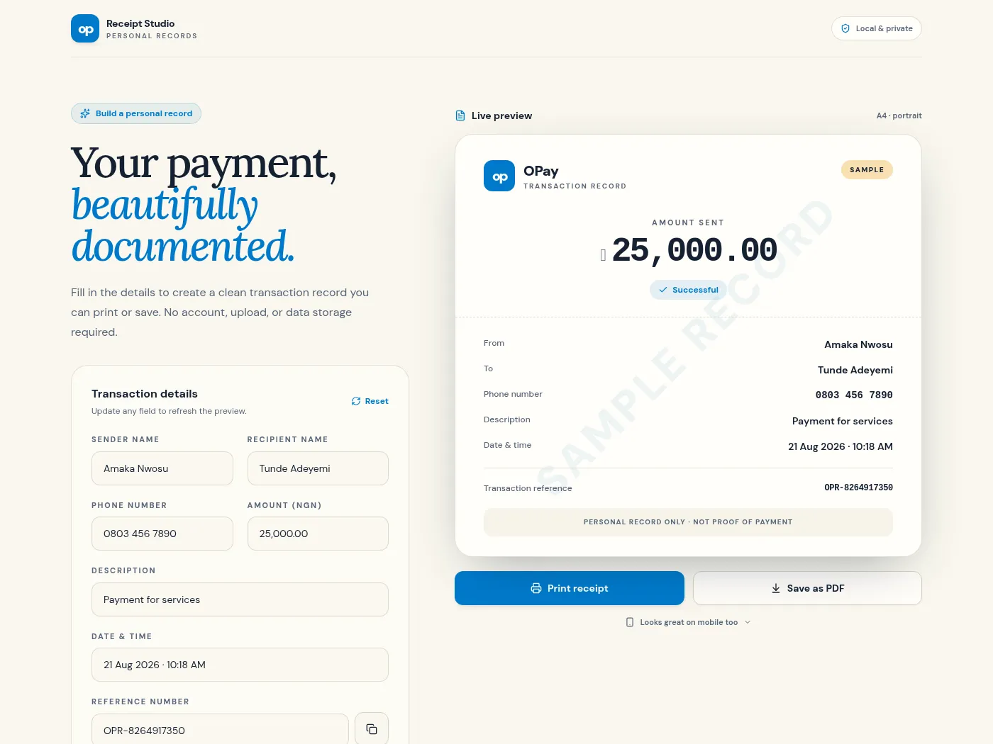 OPay Receipt Generator
