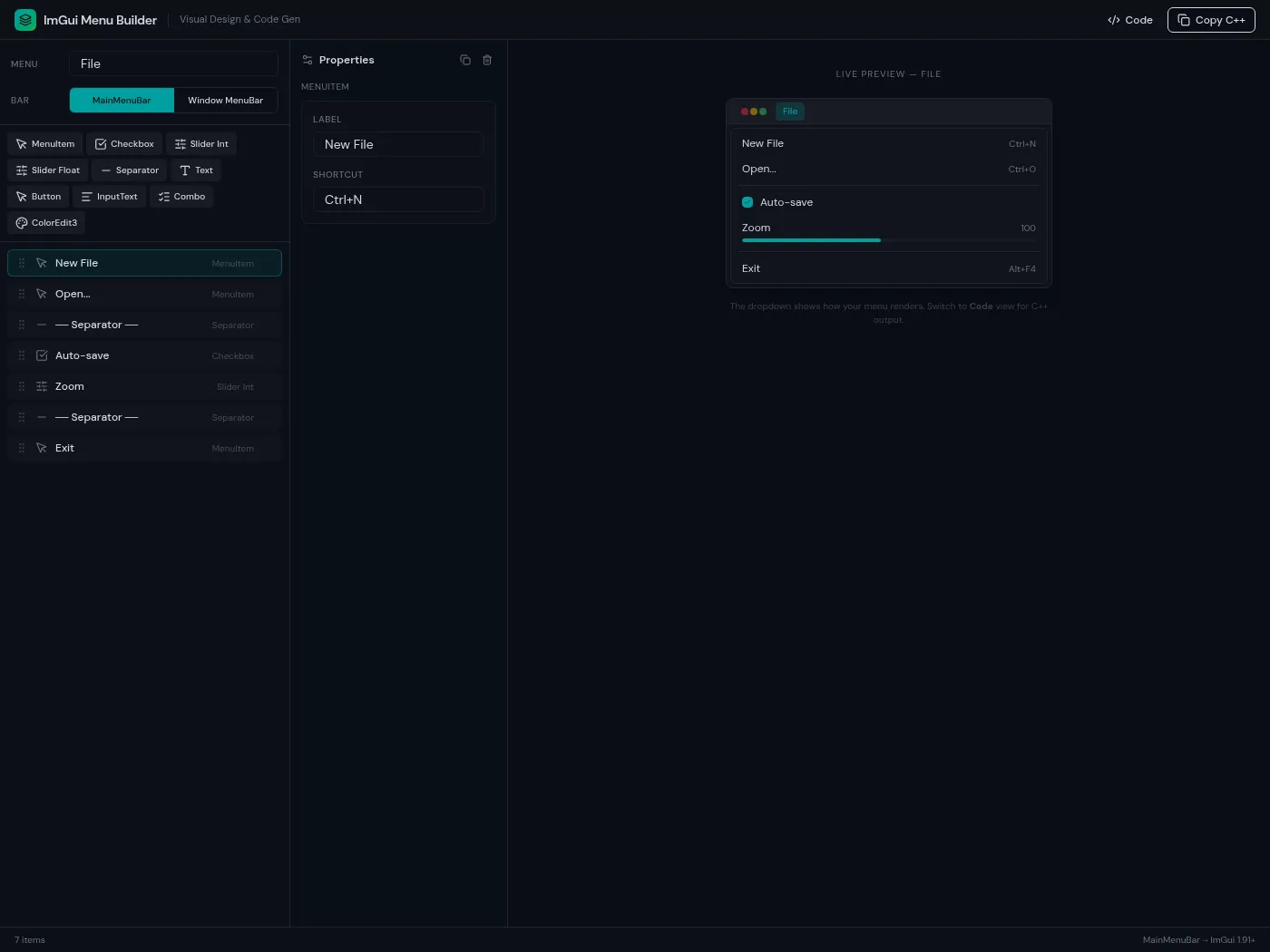 ImGui Menu Builder