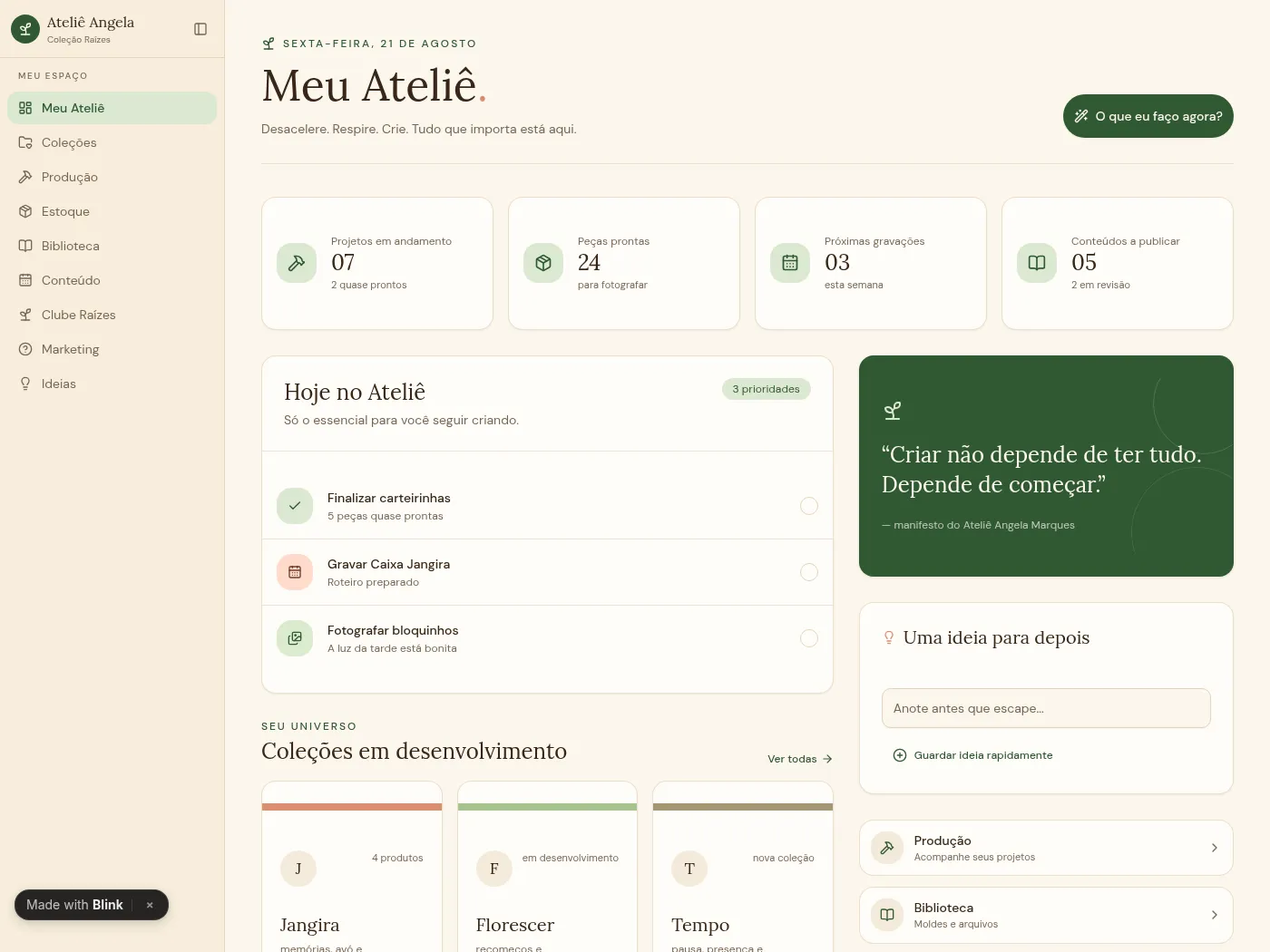 Raízes Atelier Dashboard