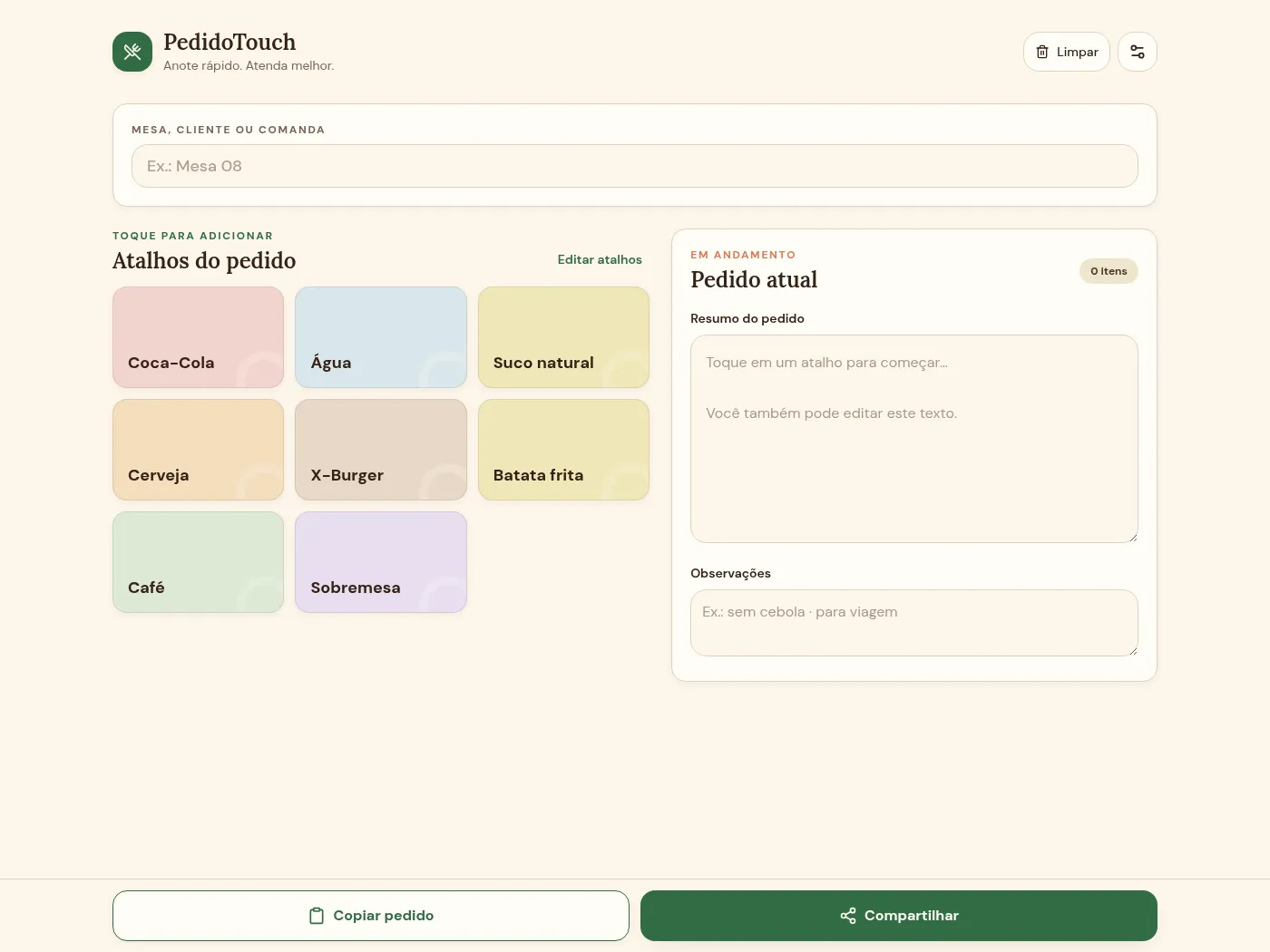 PedidoTouch Notes