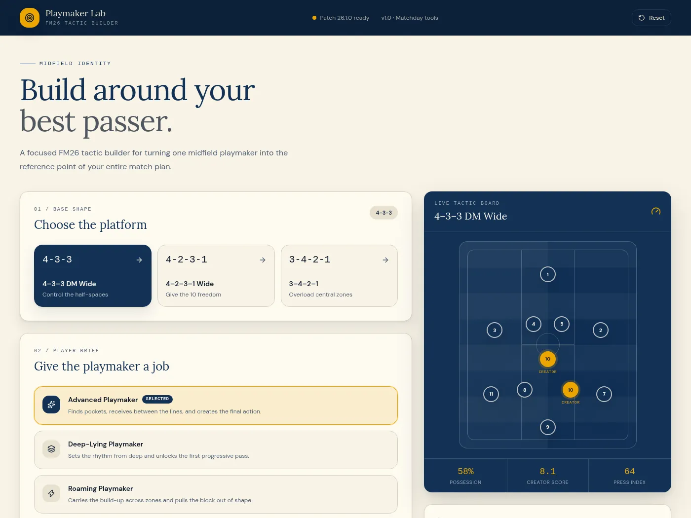 FM26 Playmaker Tactic Builder