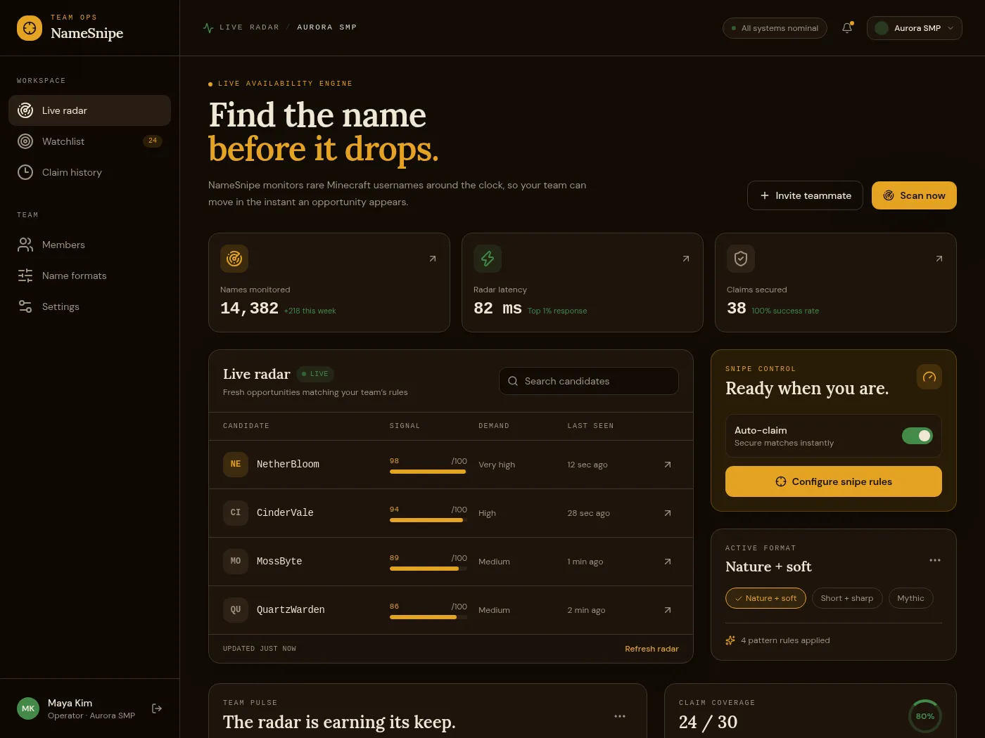 NameSnipe Minecraft Tool