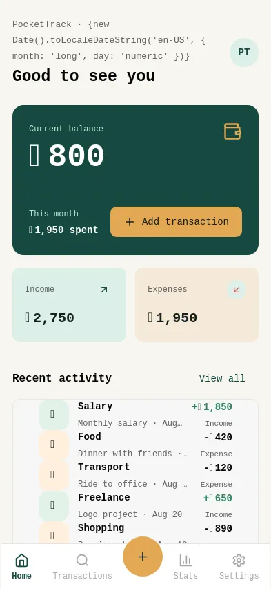 PocketTrack Expense App