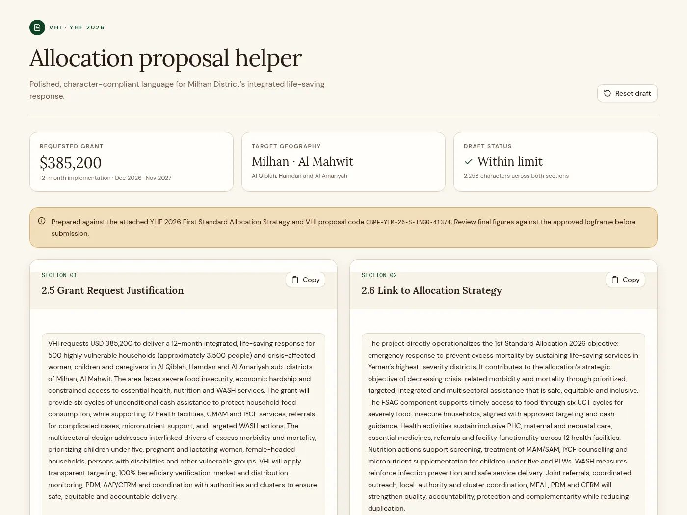 YHF Allocation Proposal Helper