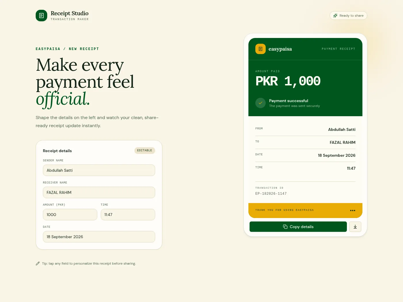 Easypaisa Receipt Generator