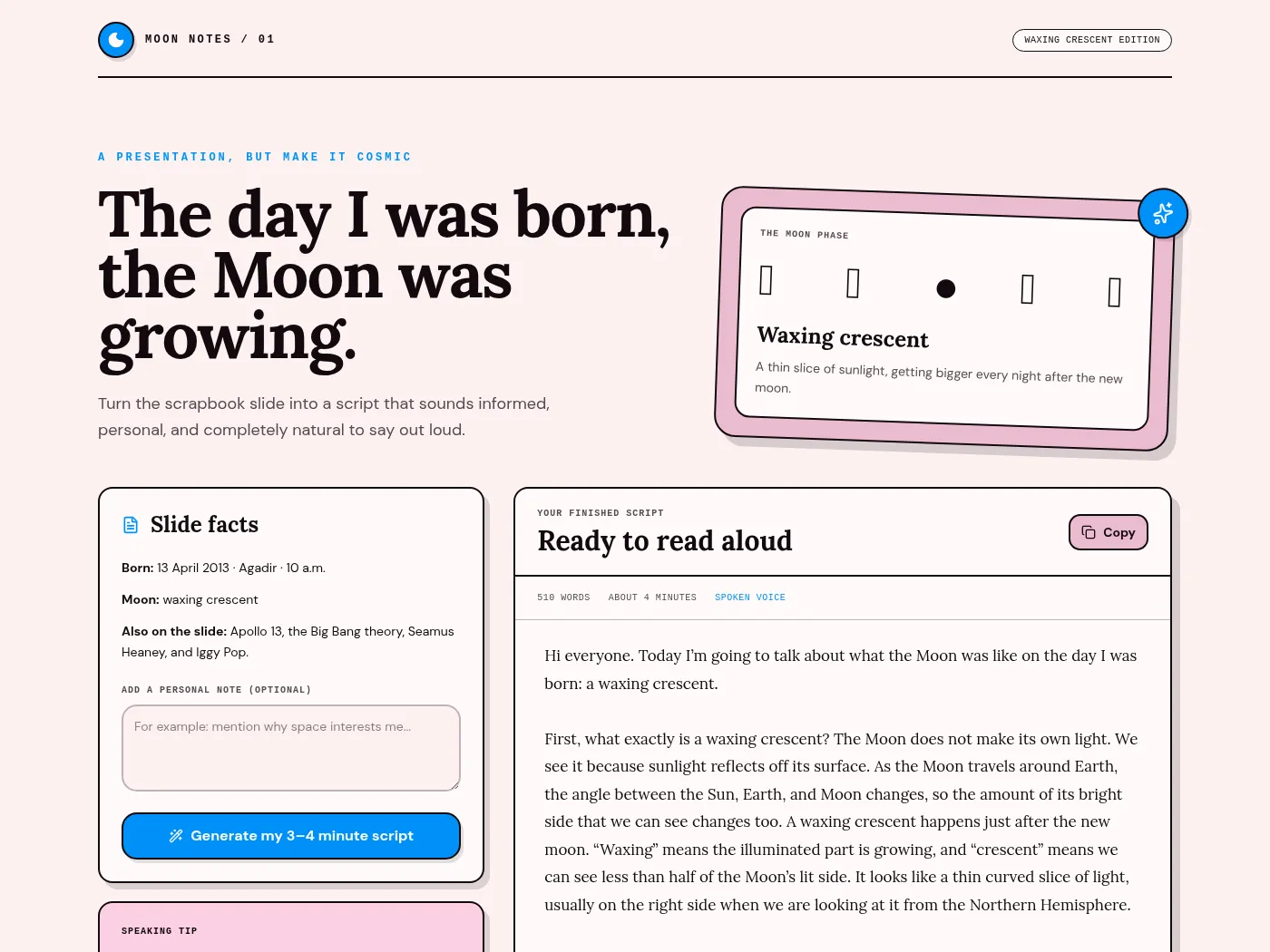 Waxing Crescent Script Generator