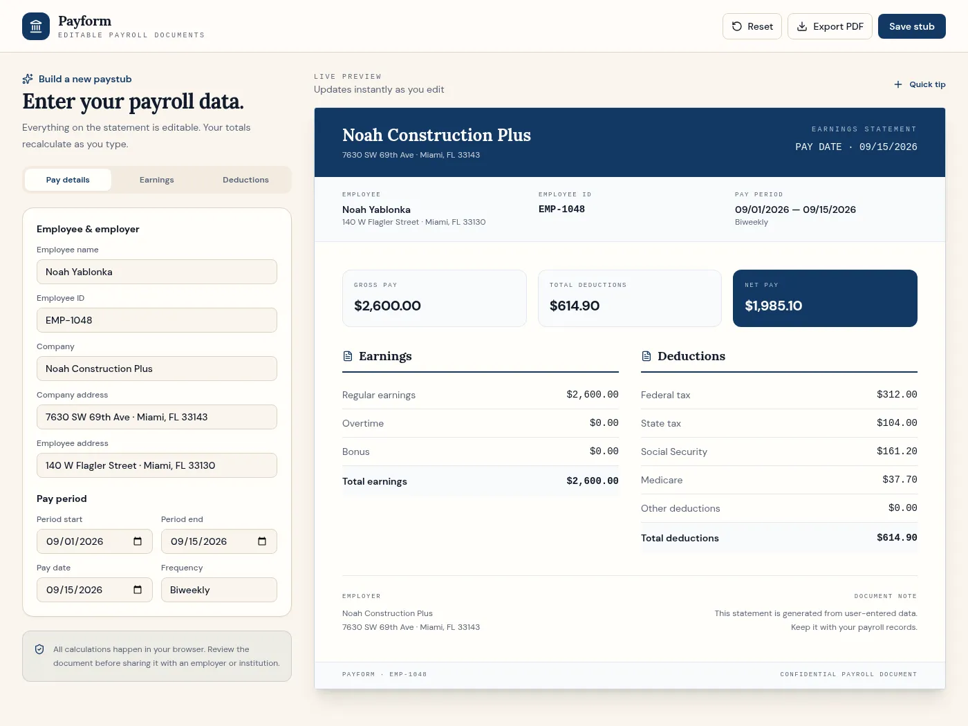 Editable Paystub Generator