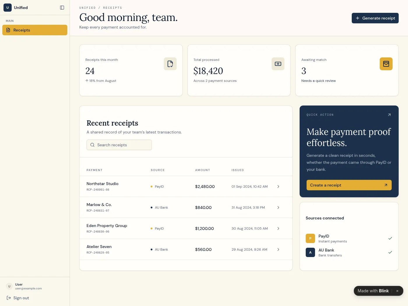 Unified Receipt Dashboard